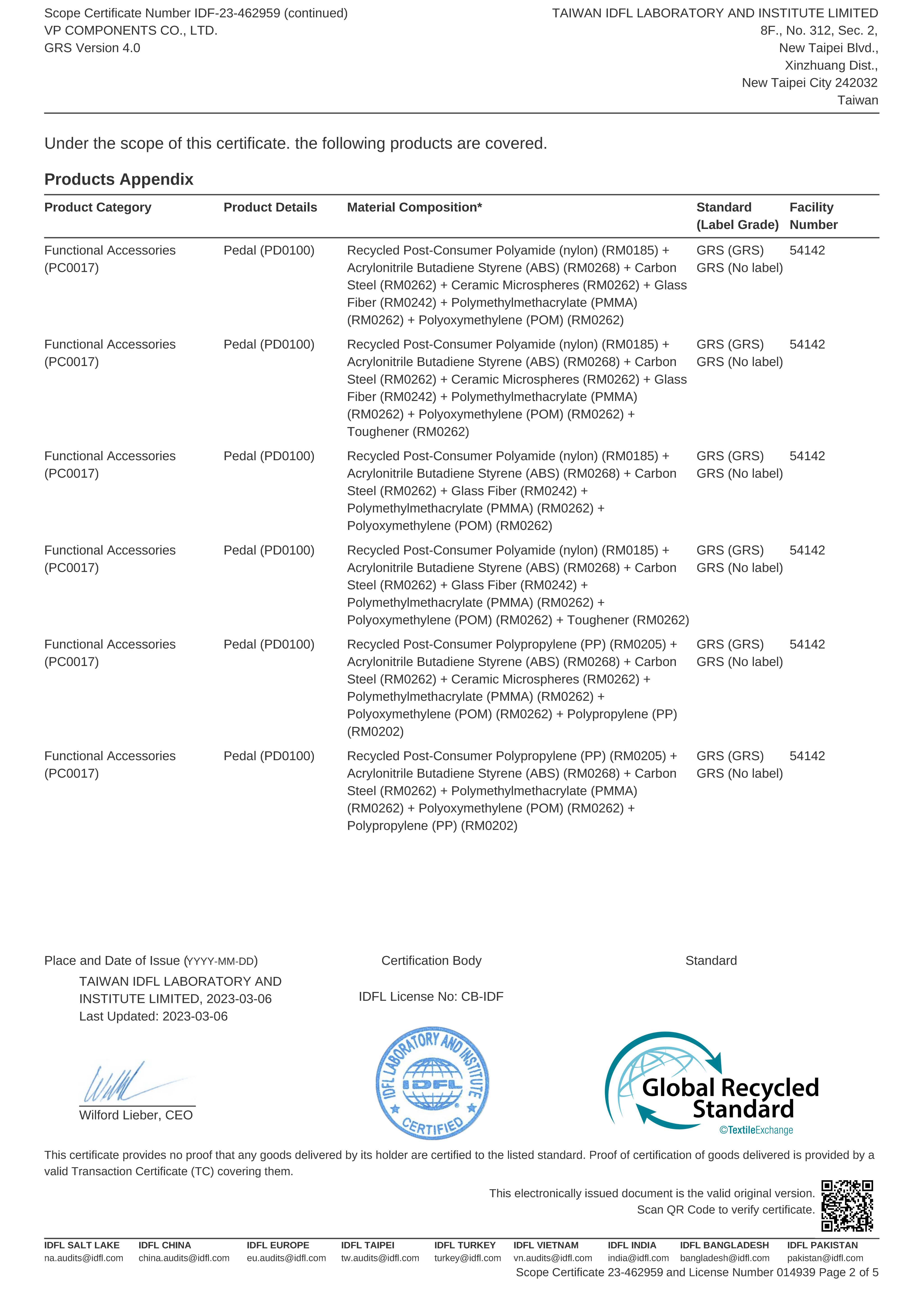 GRS Certification - VP COMPONENTS